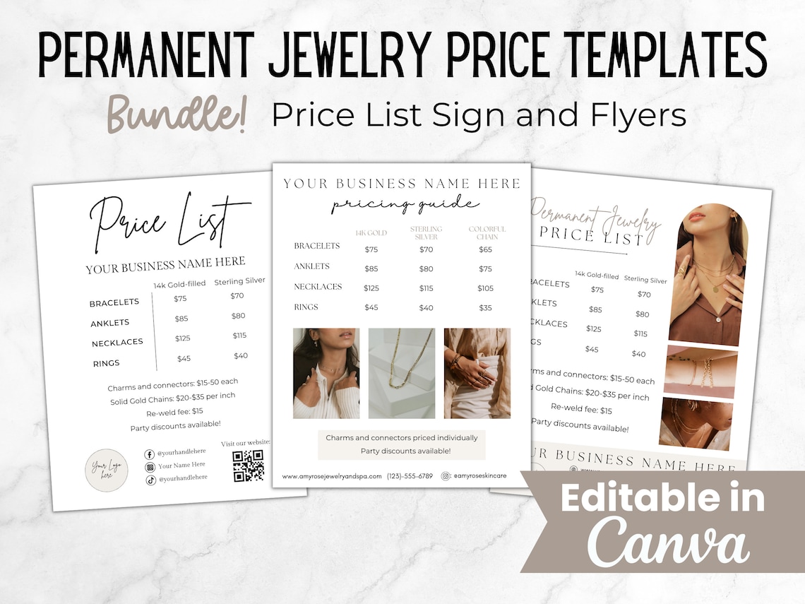 Permanent Jewelry Sign Display, Permanent Jewelry Price List Flyers ...