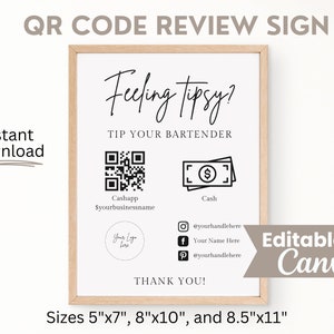 Tip Your Bartender Sign Template, Editable QR Code Sign, Printable ...