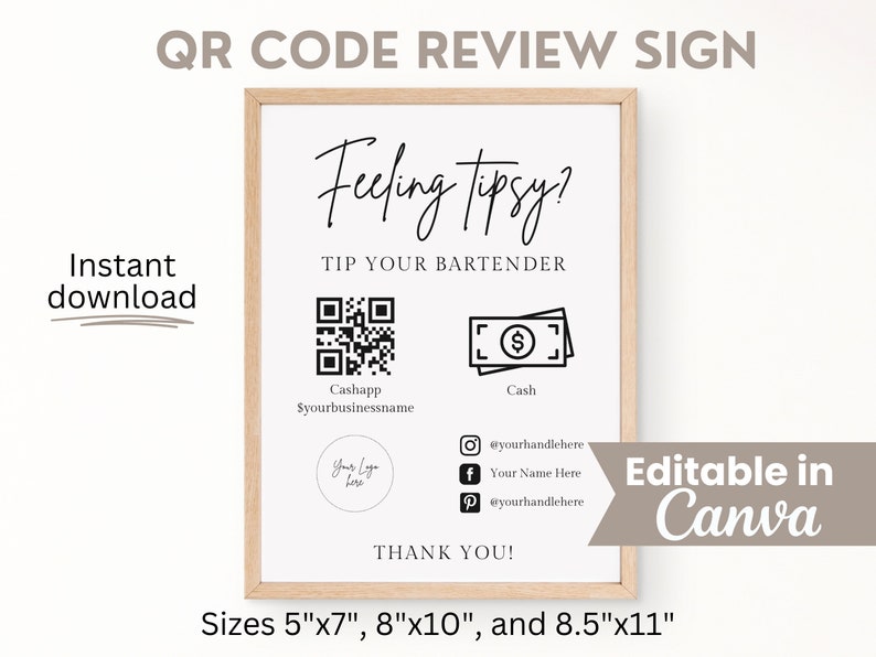 Tip Your Bartender Sign Template Editable QR Code Sign - Etsy