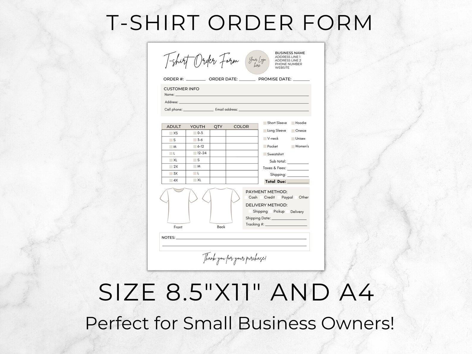 Order Form Template for T Shirts Editable Order Form Shirt - Etsy