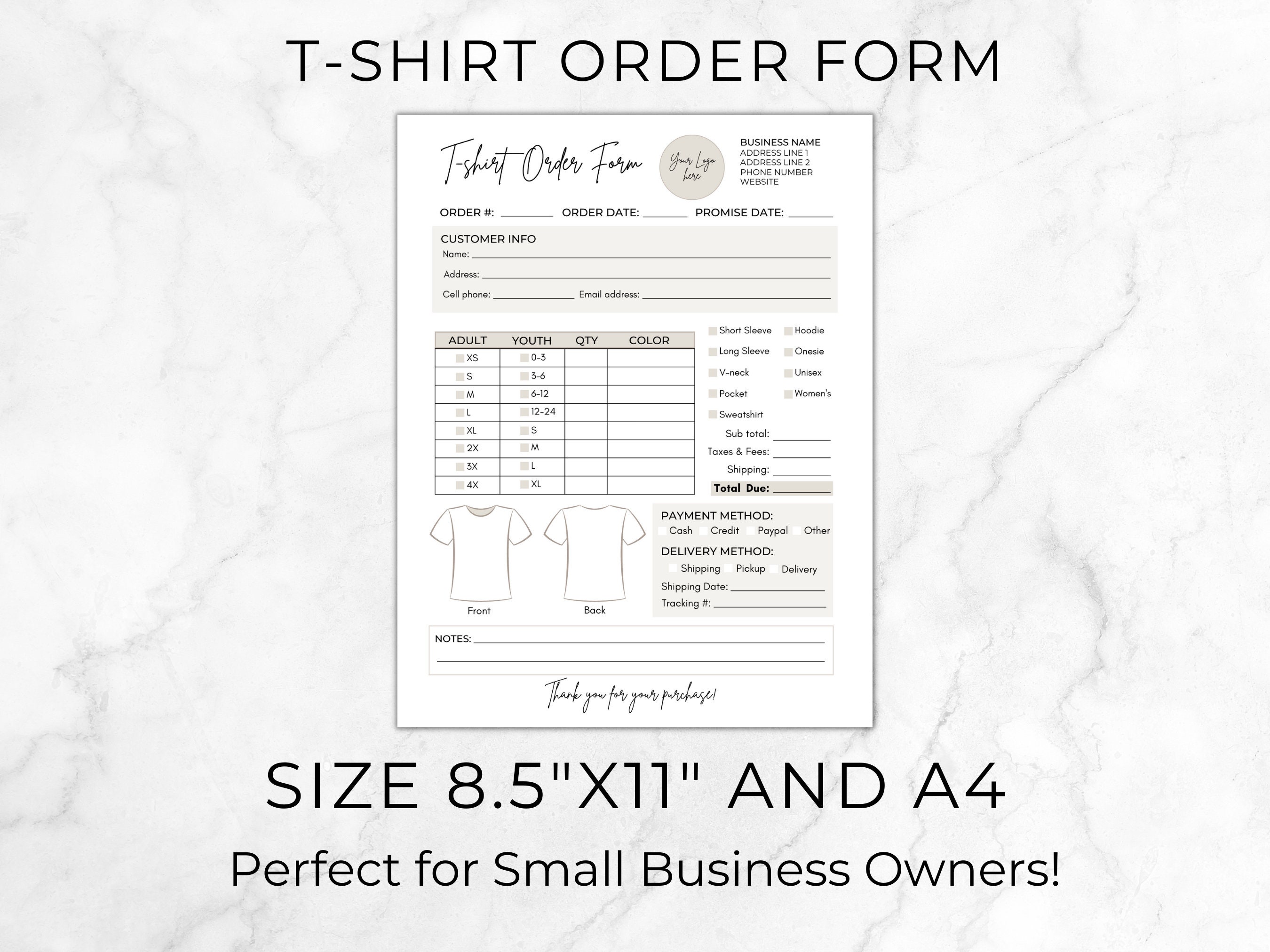 Shirt Order Form Template, Custom T-shirt Order Form, Tshirt Invoice ...