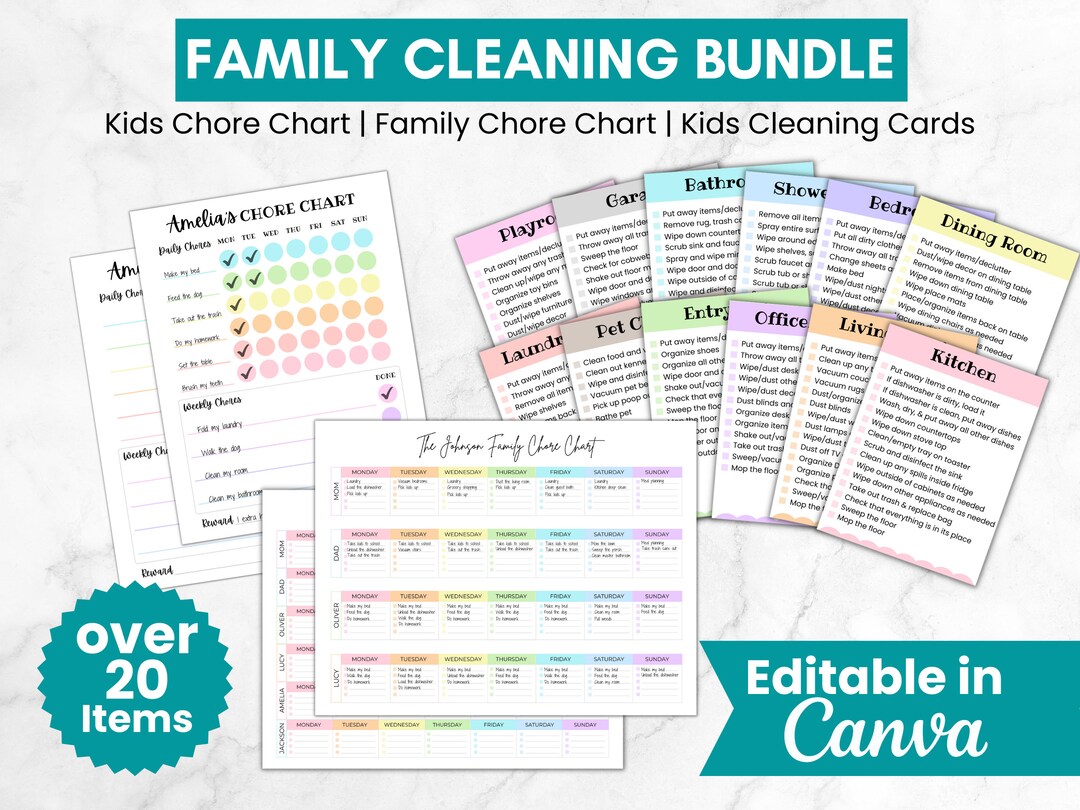 Family Chore Chart Bundle, Editable Household Cleaning Checklist, Kids ...
