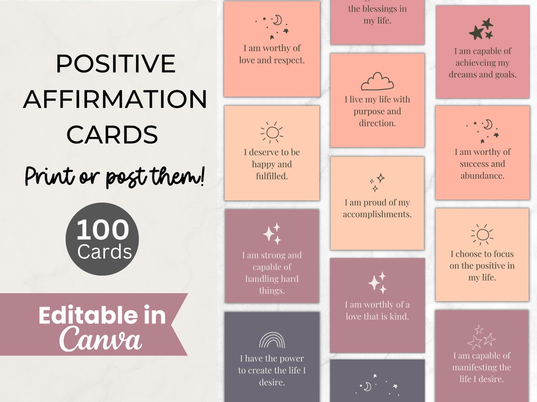 Daily Affirmation Cards Pack, Editable Positive Affirmation Quotes ...