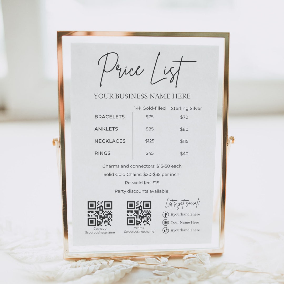 Permanent Jewelry Price List Sign, Permanent Jewelry Display Flyer, QR ...