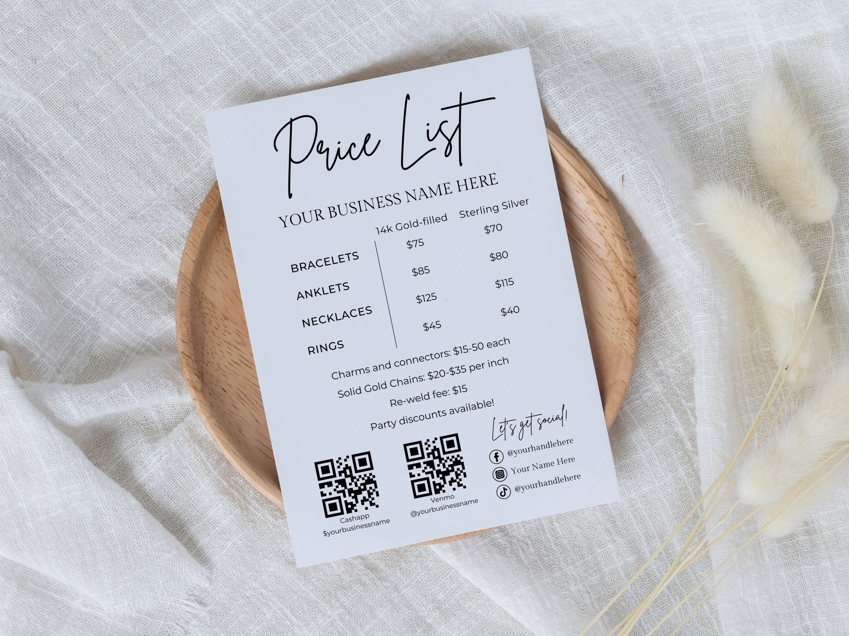 Permanent Jewelry Price List Sign, Permanent Jewelry Display Flyer, QR ...