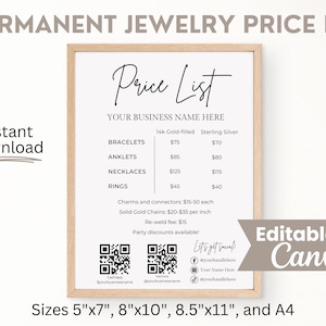 Permanent Jewelry Price List Sign, Permanent Jewelry Display Flyer, QR ...