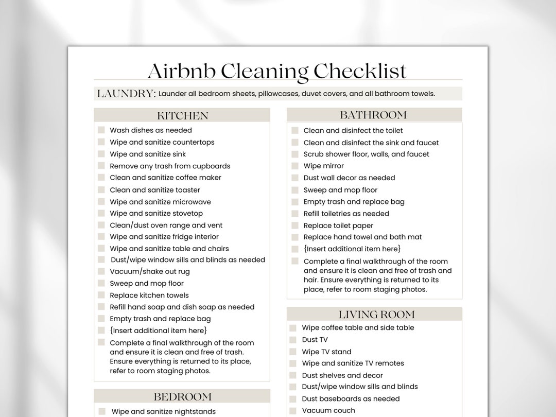 Airbnb Cleaning Checklist Template, Editable Airbnb Printable Cleaning ...