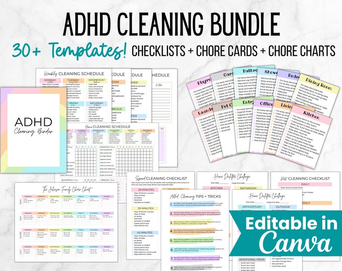 Editable ADHD Cleaning Checklist Bundle, ADHD Cleaning Planner, ADHD ...