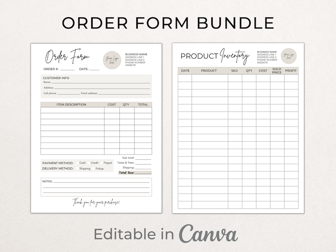 Custom Order Form and Inventory Tracker Bundle, Order Form Template ...