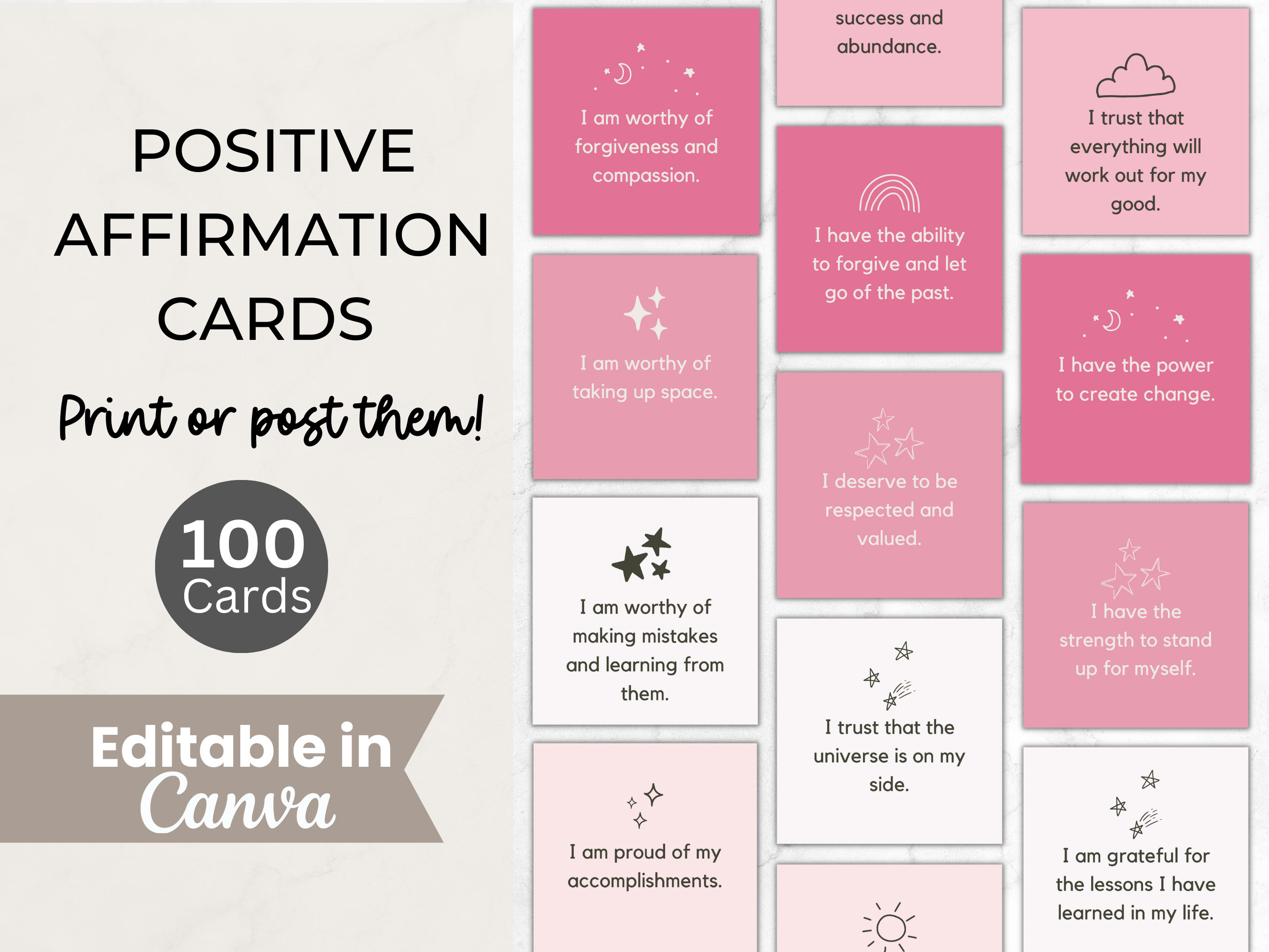 Daily Affirmation Cards Pack Editable Positive Affirmation - Etsy