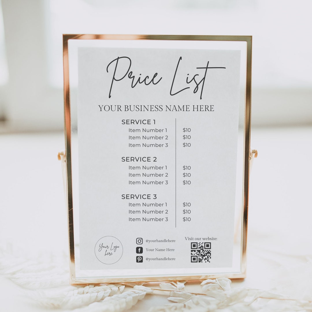 Price List Sign, Editable Price List Sign Printable, QR Code Sign ...