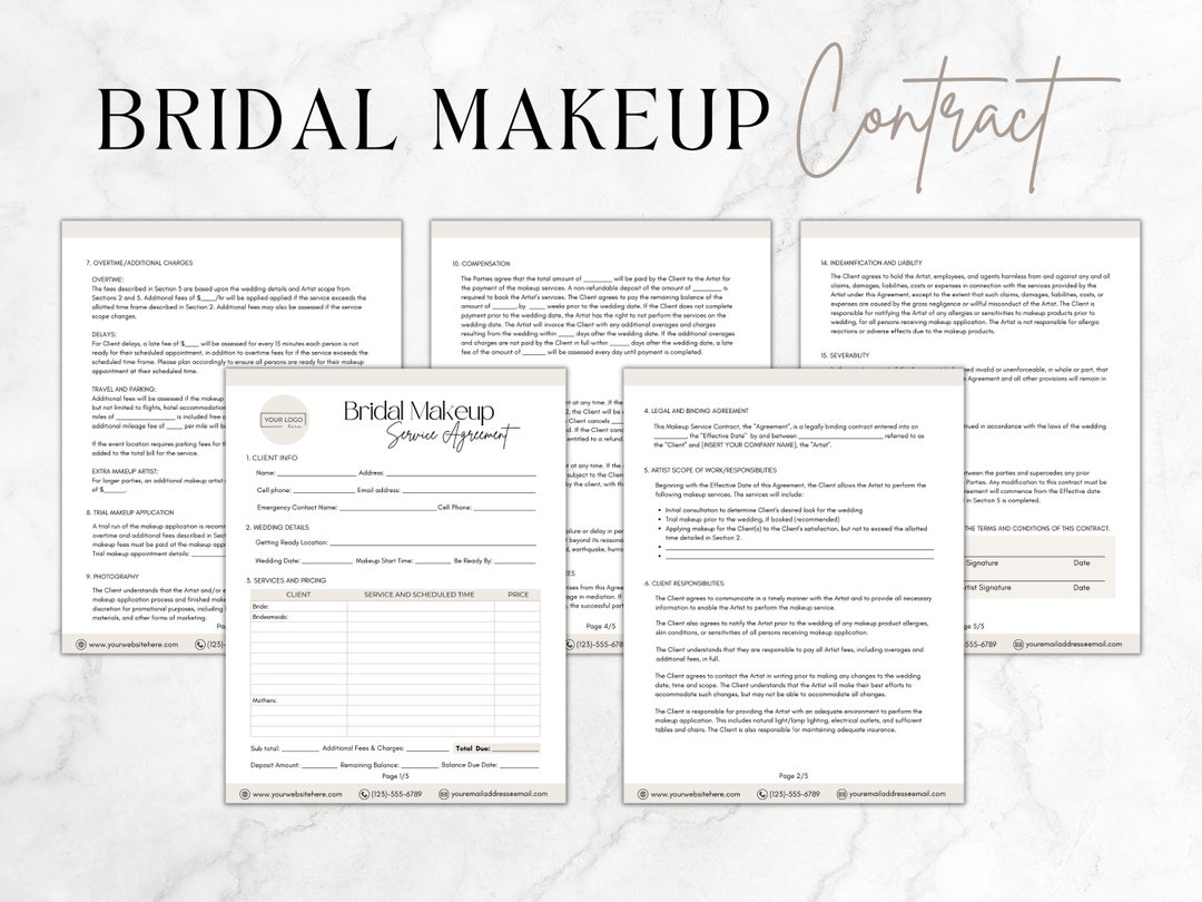 Bridal Makeup Contract, Wedding Makeup Artist Forms Template, Bridal ...