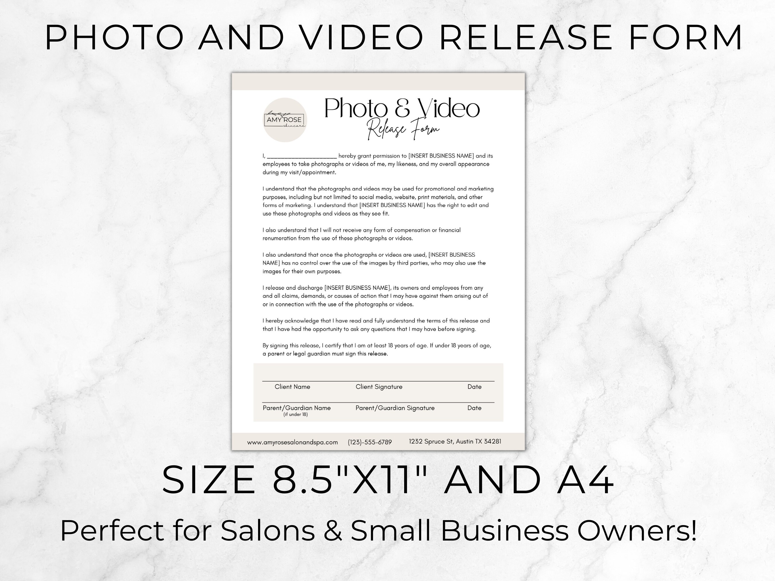 Photo and Video Release Form, Photography Consent Form, Skincare Forms, Esthetician Forms, Lash ...