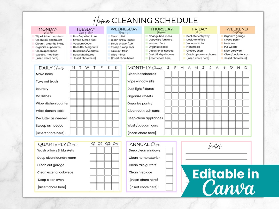 Editable Cleaning Schedule, Cleaning Planner Checklist, Adult Chore ...