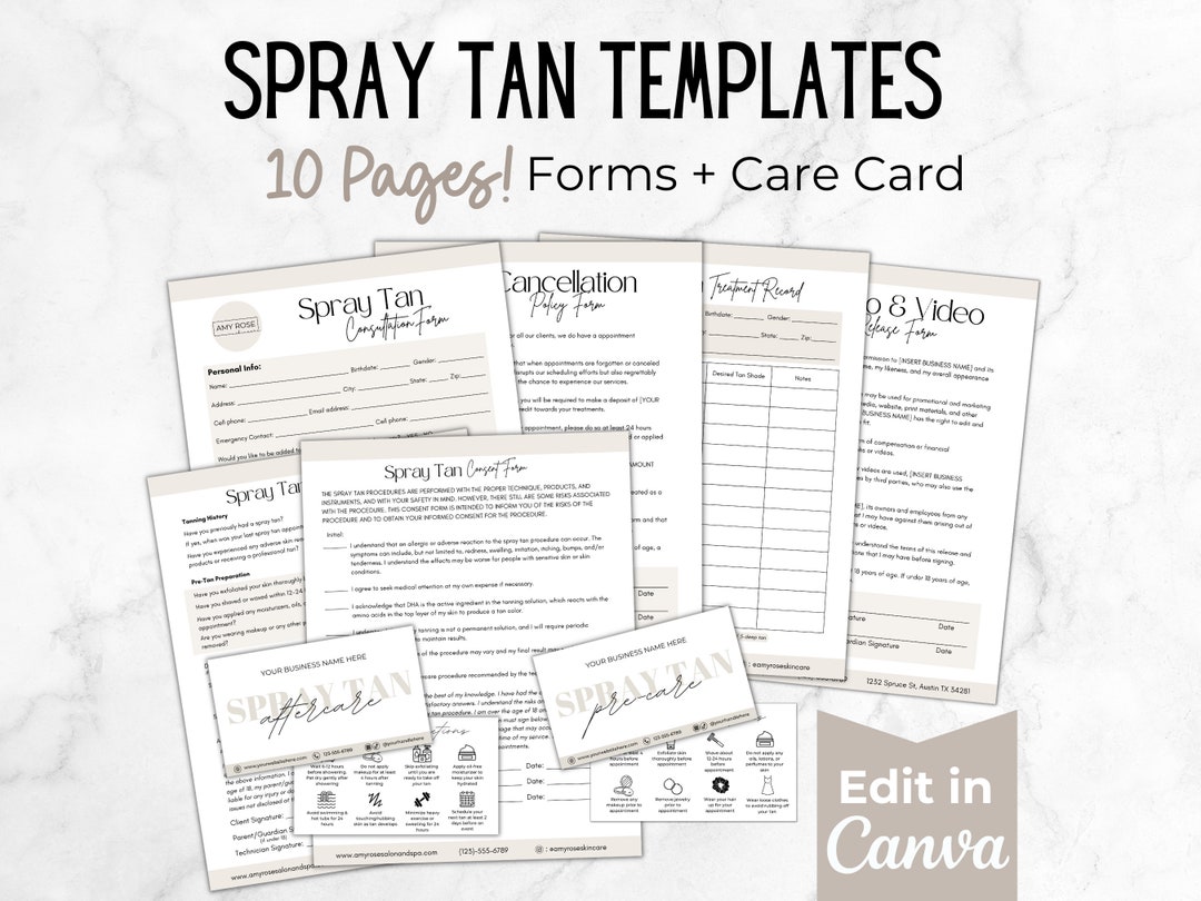 Spray Tan Forms, Spray Tanning Business Templates Bundle, Editable ...