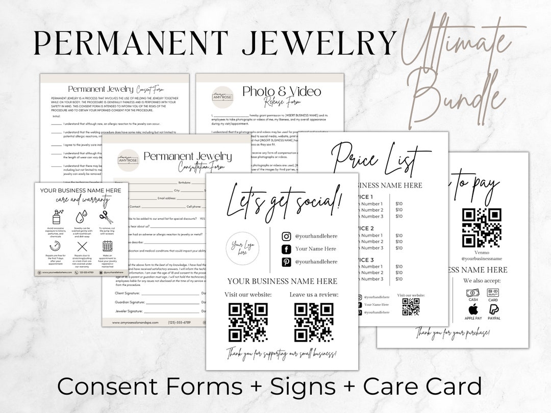 Permanent Jewelry Business Bundle, Editable Permanent Jewelry Consent ...
