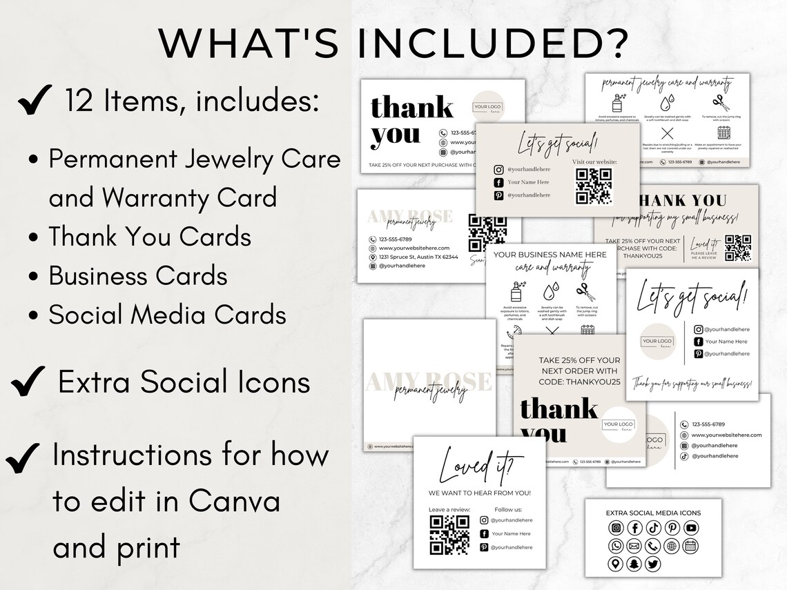 Permanent Jewelry Business Cards, Permanent Jewelry Care Card, Warranty ...