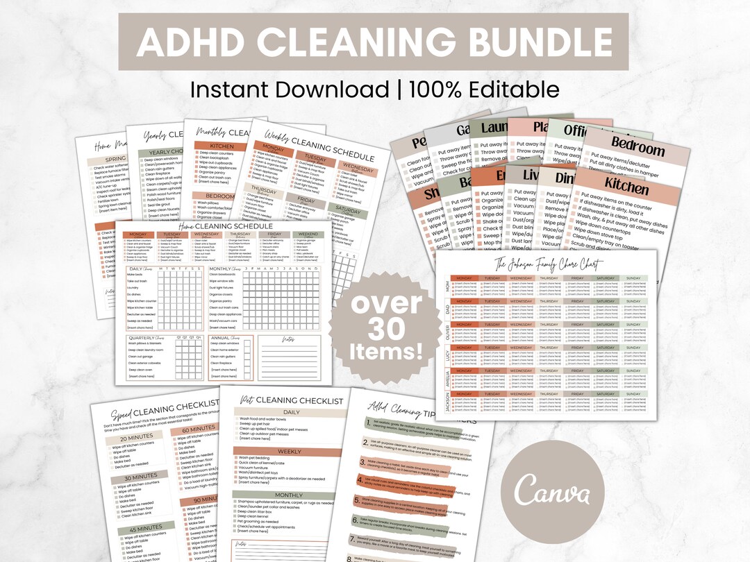 Editable ADHD Cleaning Bundle, Adult Chore Chart, Deep Cleaning Cards ...