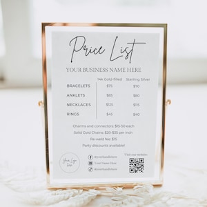 Editable Permanent Jewelry Price List, Printable Price List Sign ...