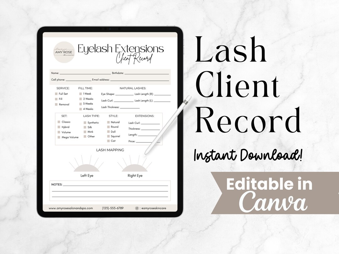 Lash Client Record, Editable Eyelash Extension Form, Lash Tech ...