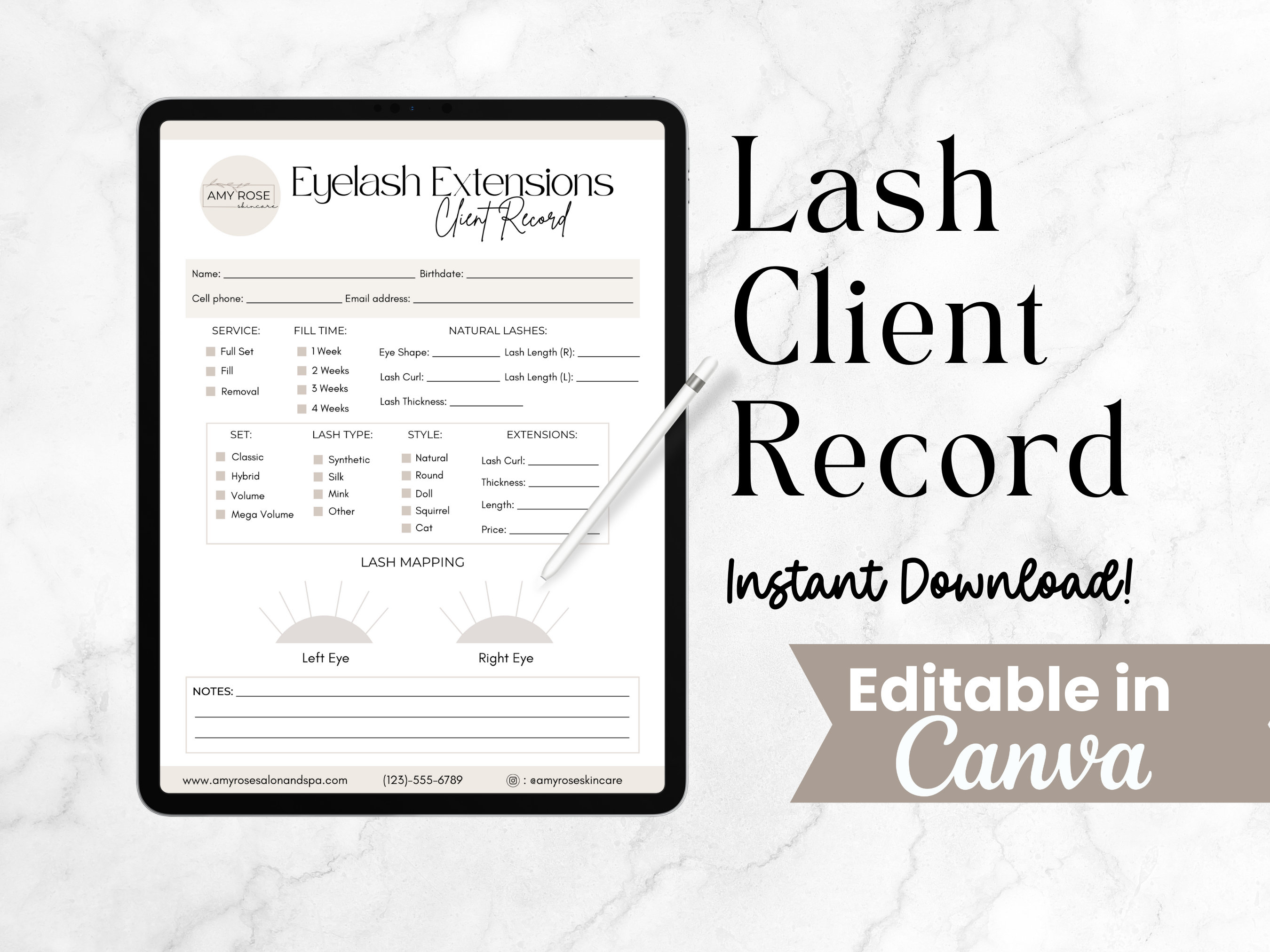 Lash Client Record, Editable Eyelash Extension Form, Lash Tech ...