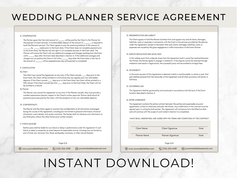 Wedding Planner Contract Template Event Planner Service - Etsy