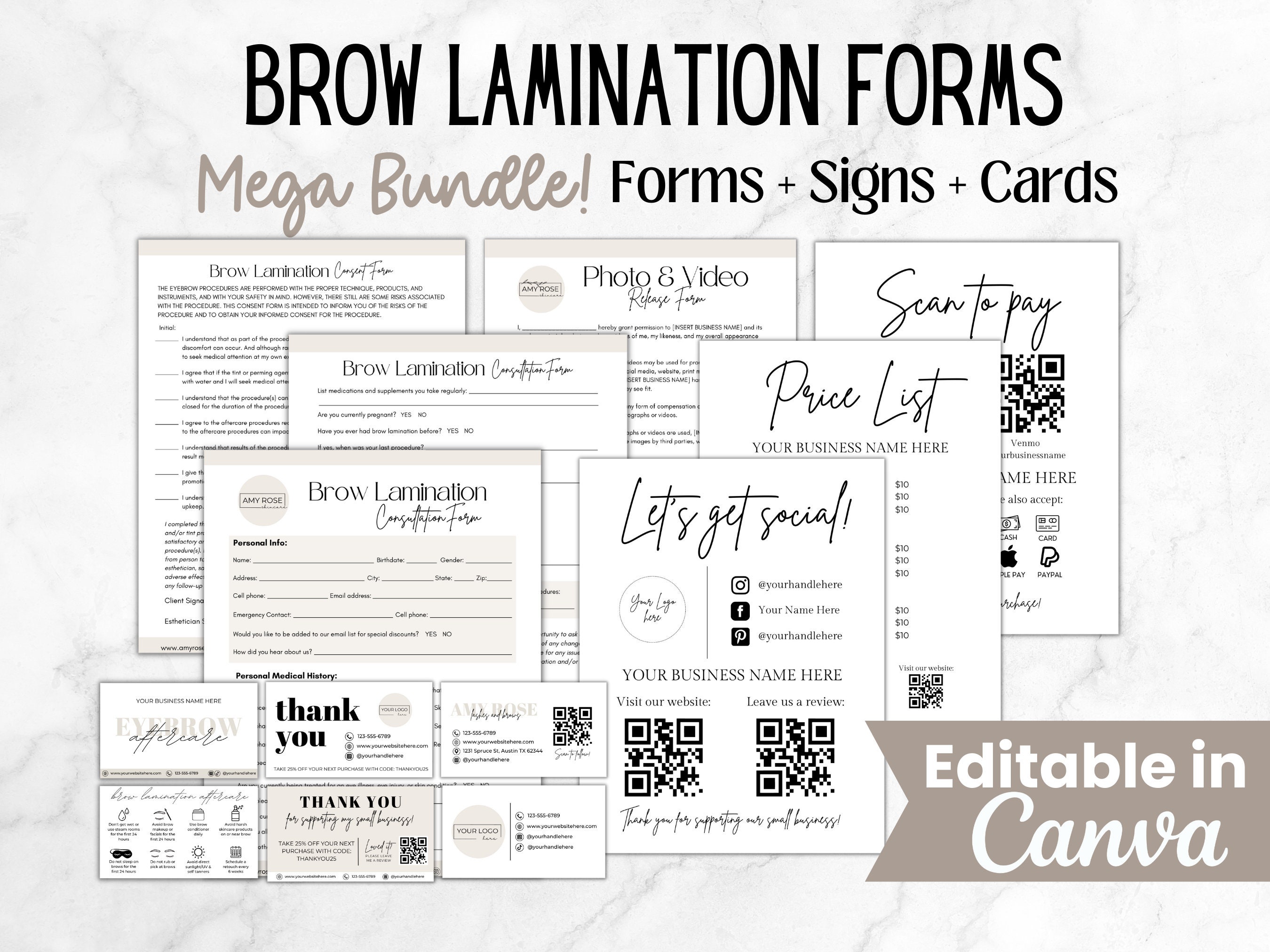 Brow Lamination Consent Forms, Cards, and Signs Bundle, Esthetician ...