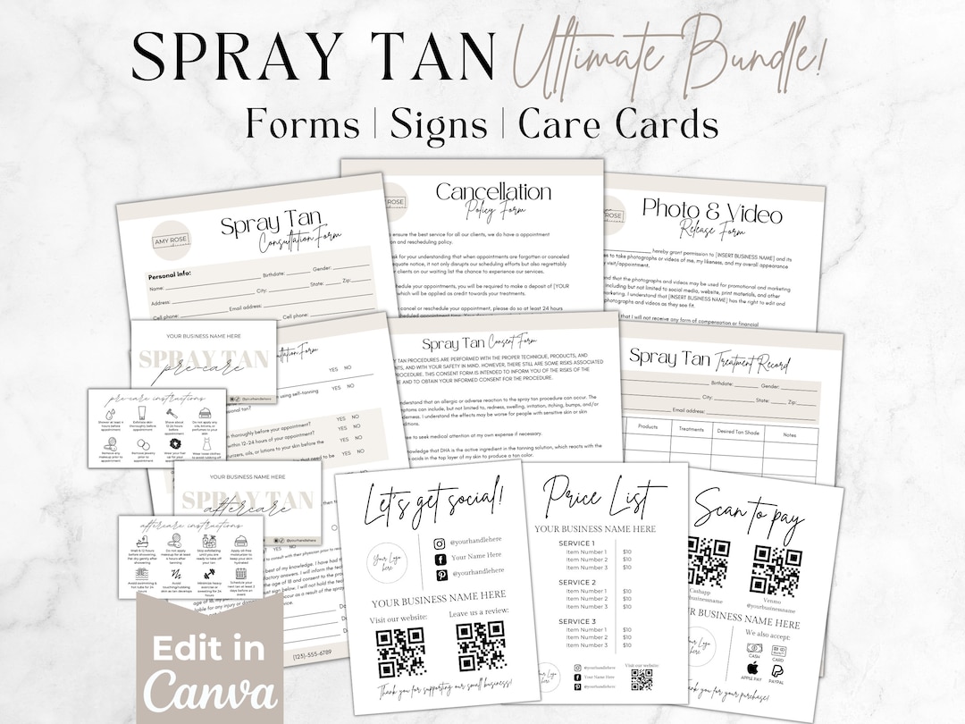 Spray Tan Forms, Spray Tanning Business Templates Bundle, Editable ...