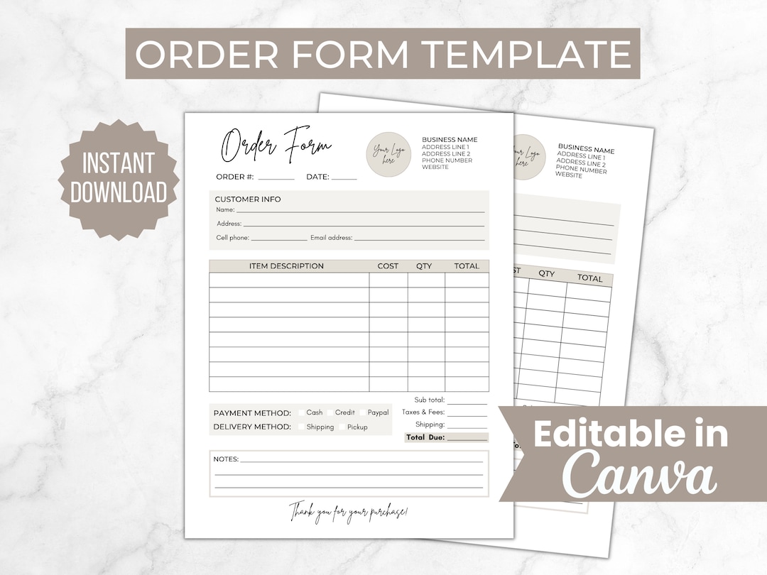 Editable Order Form Template, Printable Small Business Order Form ...
