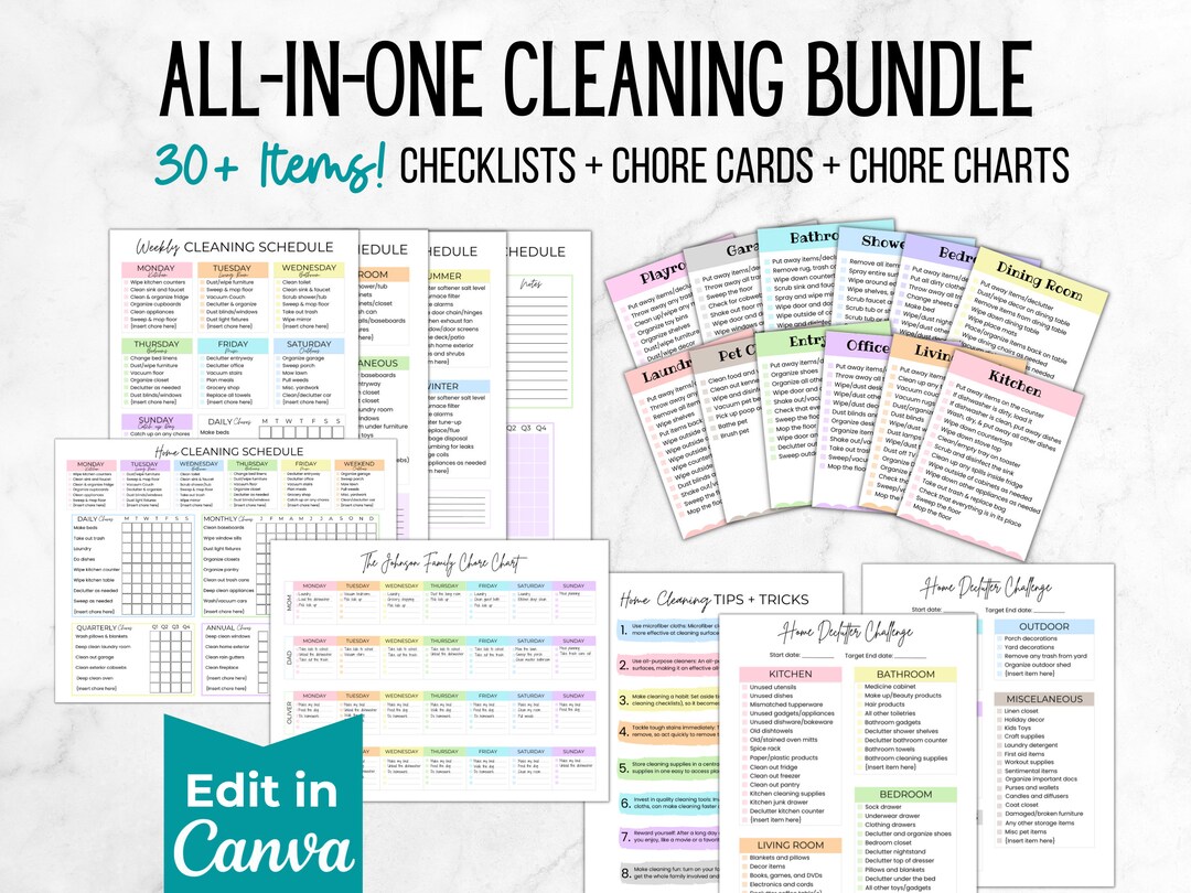 Cleaning Checklist Bundle, Editable Household Cleaning Schedule, Adhd ...