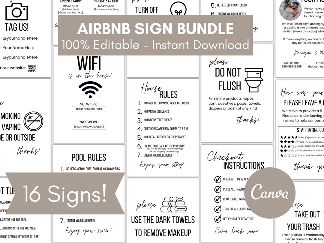 Airbnb Sign Bundle, Editable Airbnb Signs for Guests, Airbnb Host ...