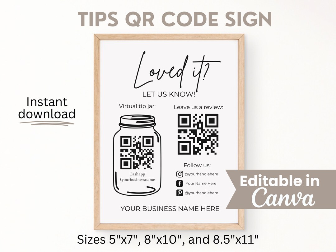 QR Code Sign Template, Virtual Tip Jar, Editable Small Business Sign ...