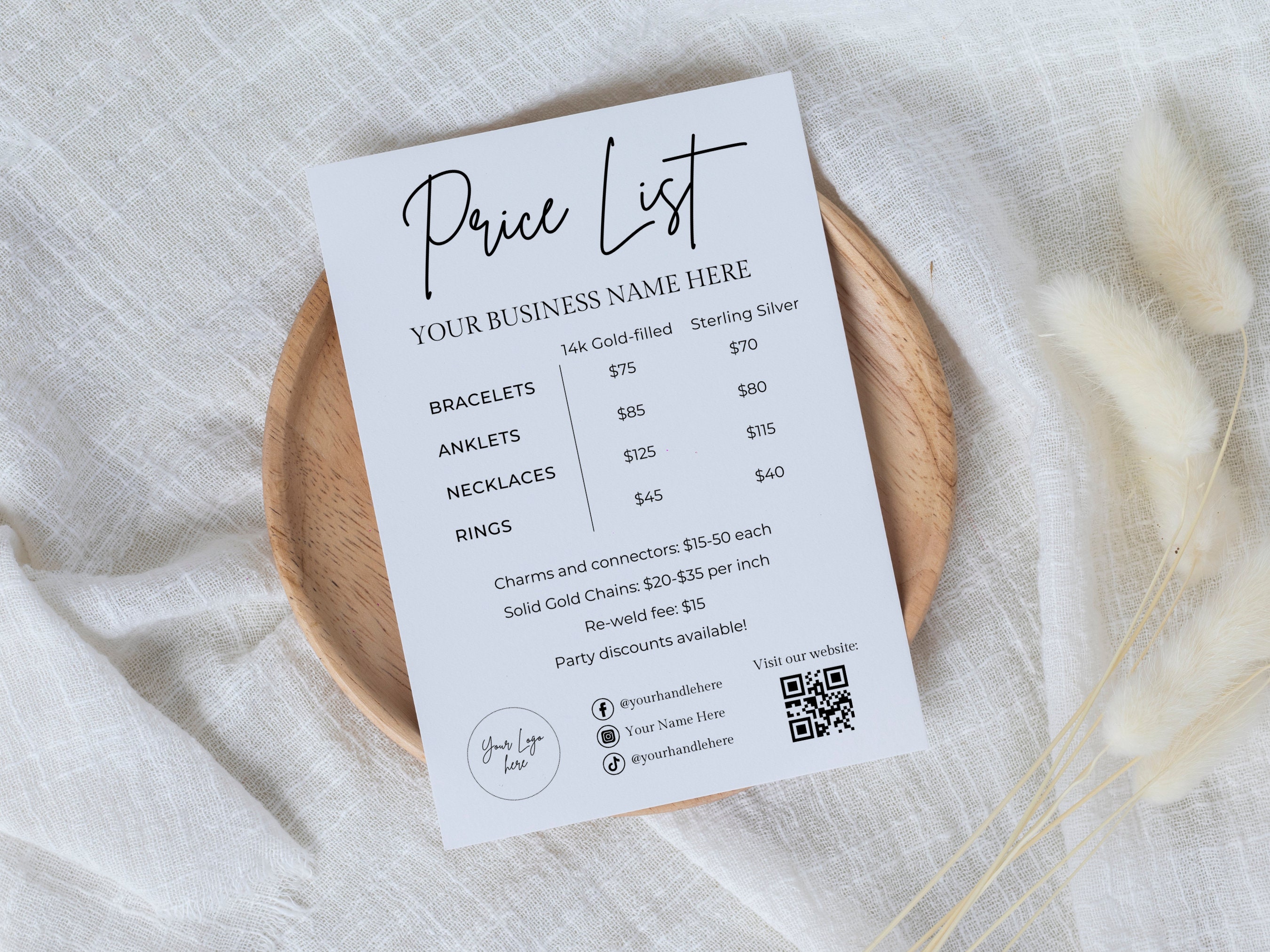 Editable Permanent Jewelry Price List Printable Price List - Etsy