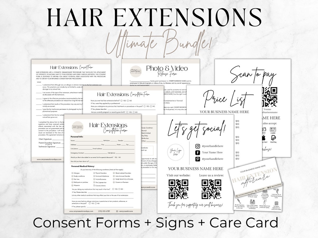 Hair Extension Consent Forms Bundle, Hair Salon Forms, Hair Extension ...