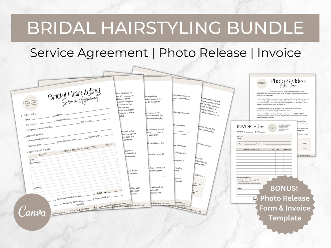 Bridal Hair Contract Bundle, Editable Wedding Contract Forms Template ...