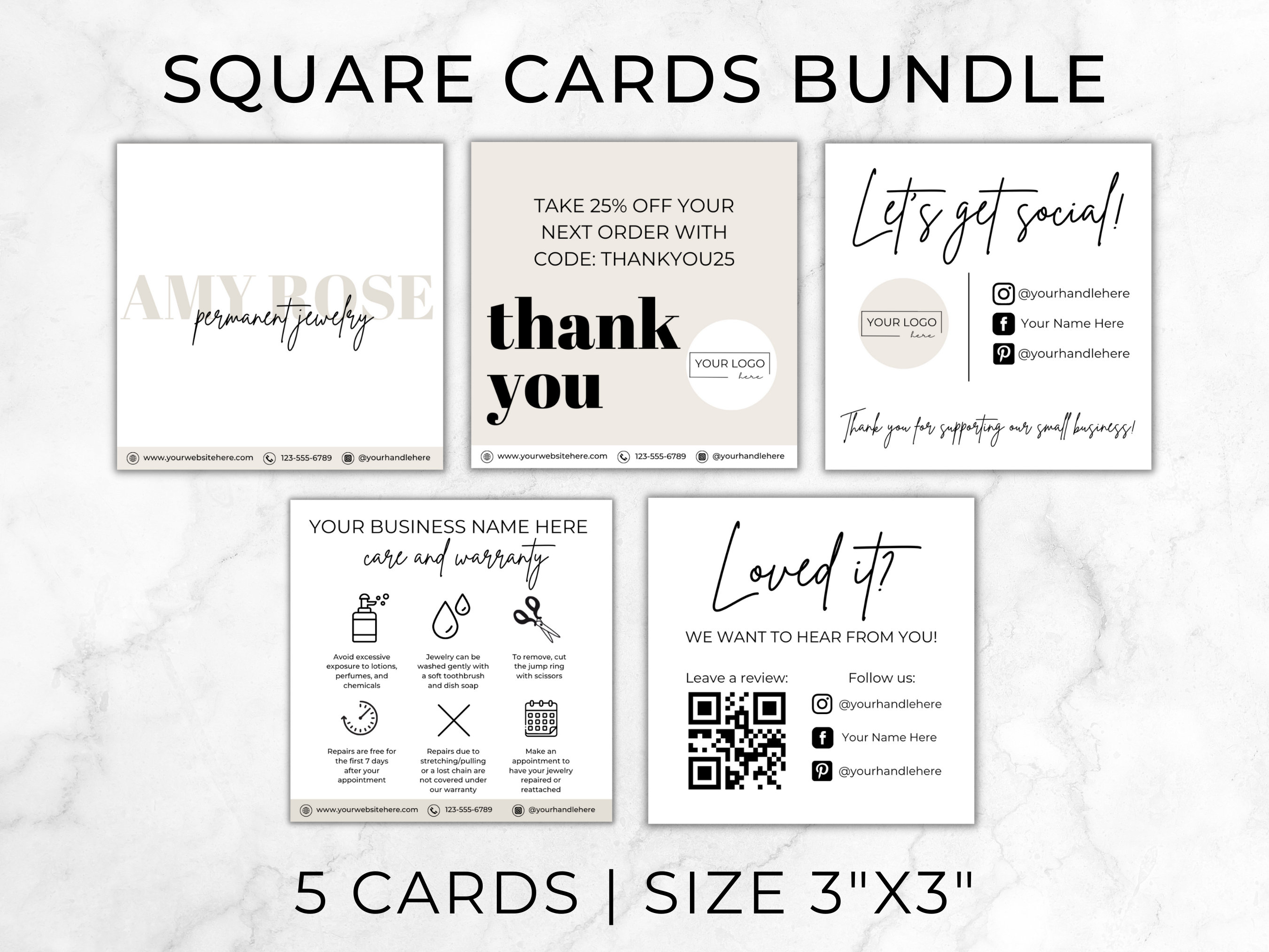 Permanent Jewelry Business Cards, Permanent Jewelry Care Card, Warranty ...