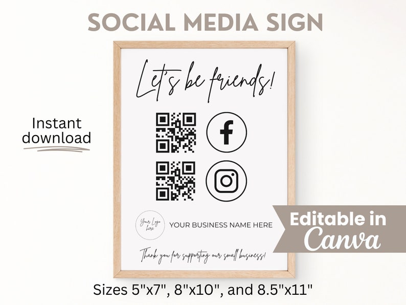 Social Media Sign Template, QR Code Sign, Editable Small Business Sign ...
