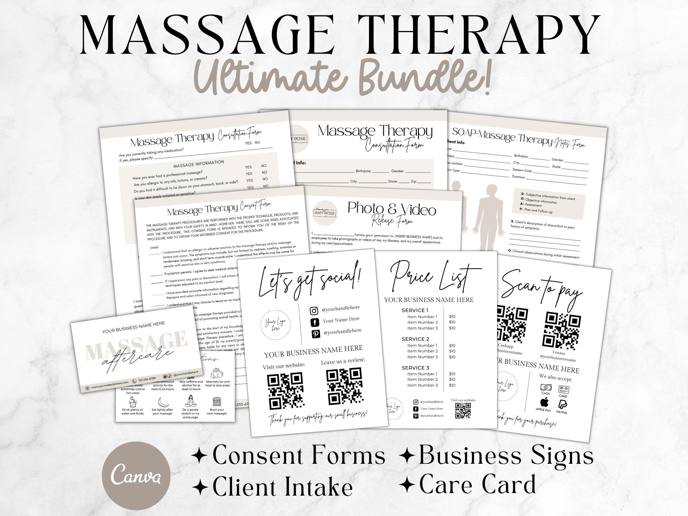 Massage Therapist Forms Business Bundle, Editable Massage Consultation ...