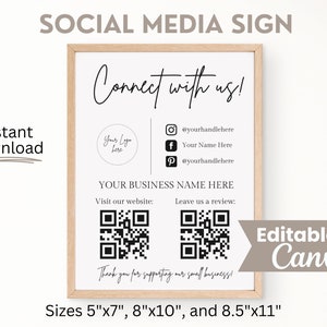 Connect With Us Social Media Sign, Editable QR Code Sign, Small ...