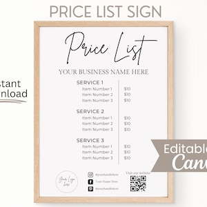 Price List Sign, Editable Price List Sign Printable, QR Code Sign ...
