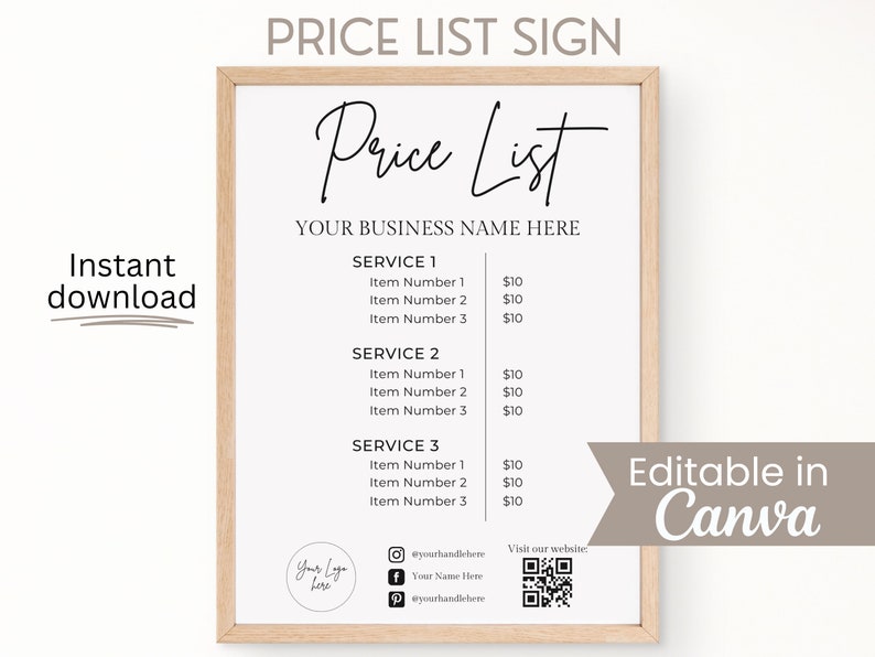 Price List Sign Editable Price List Sign Printable QR Code - Etsy