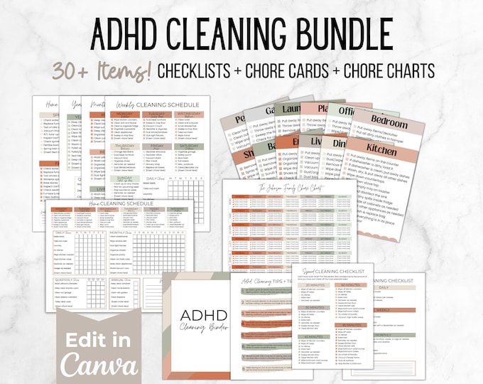 Editable ADHD Cleaning Checklist Bundle, ADHD Cleaning Planner, ADHD ...