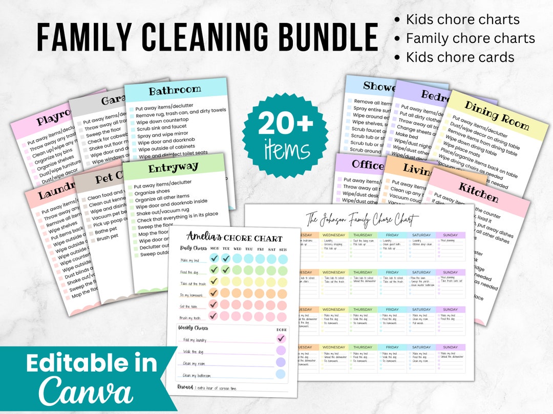 Family Chore Chart Bundle, Weekly Cleaning Schedule, Editable Household ...