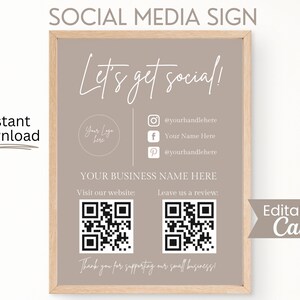 Let Get Social Sign, Social Media Sign Template, QR Code Sign, Editable Small Business Sign ...