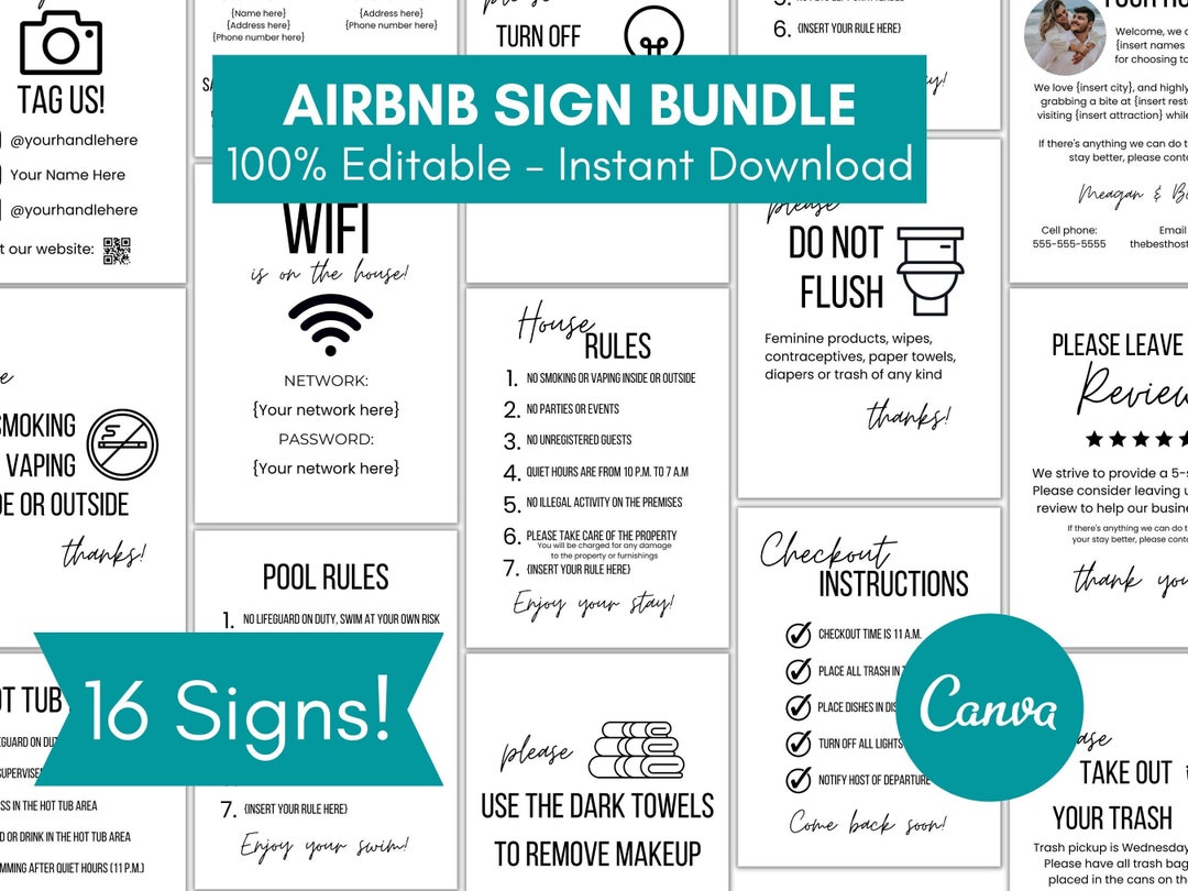 Airbnb Sign Bundle, Editable Airbnb Template Signs, Vacation Rental ...