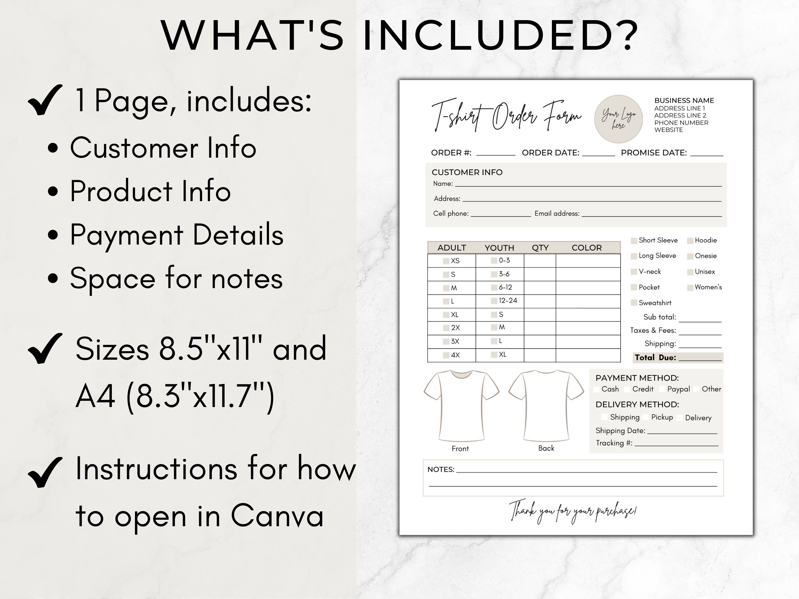 Shirt Order Form Template, Custom T-shirt Order Form, Tshirt Invoice ...