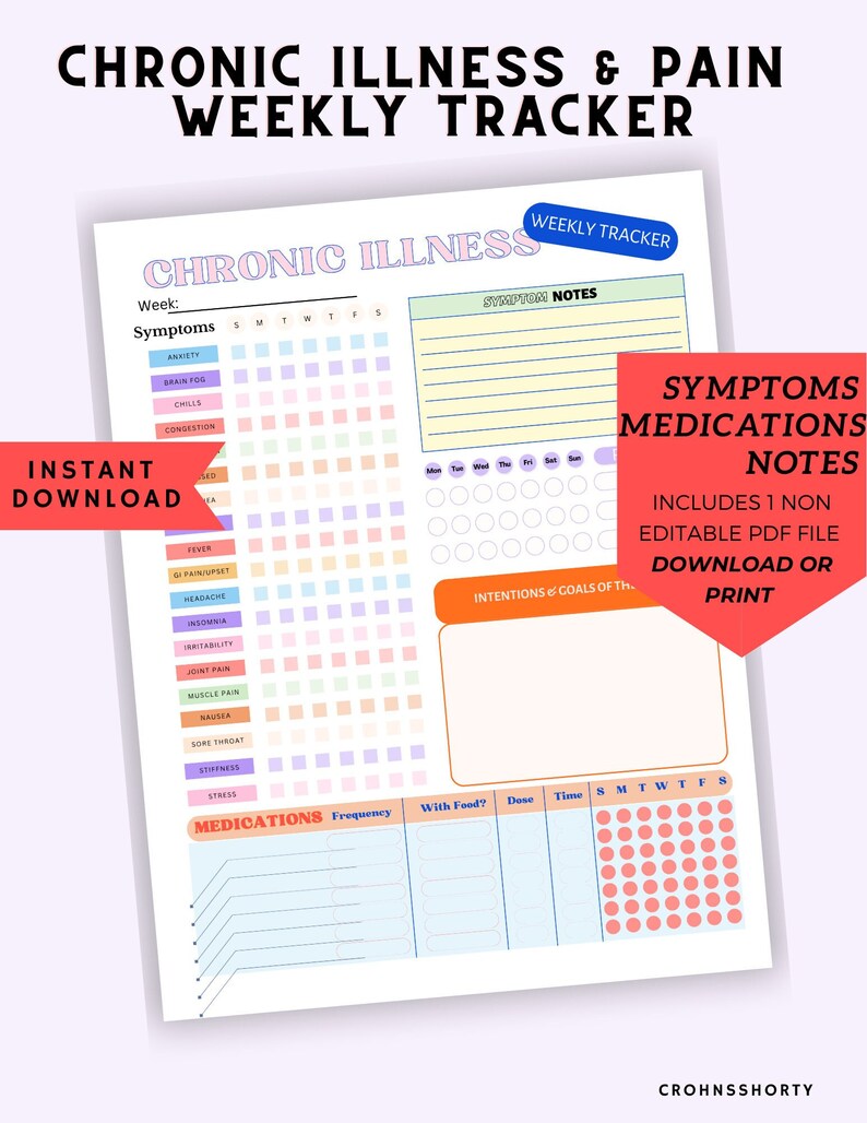 Weekly Chronic Illness & Pain Tracker, Chronic Illness, Pain Tracker ...