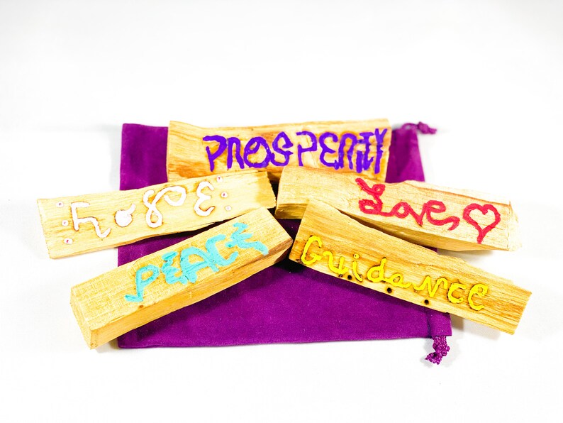Set of 5 Palo Santo Sticks engraved & Painted Love, Hope, Prosperity ...