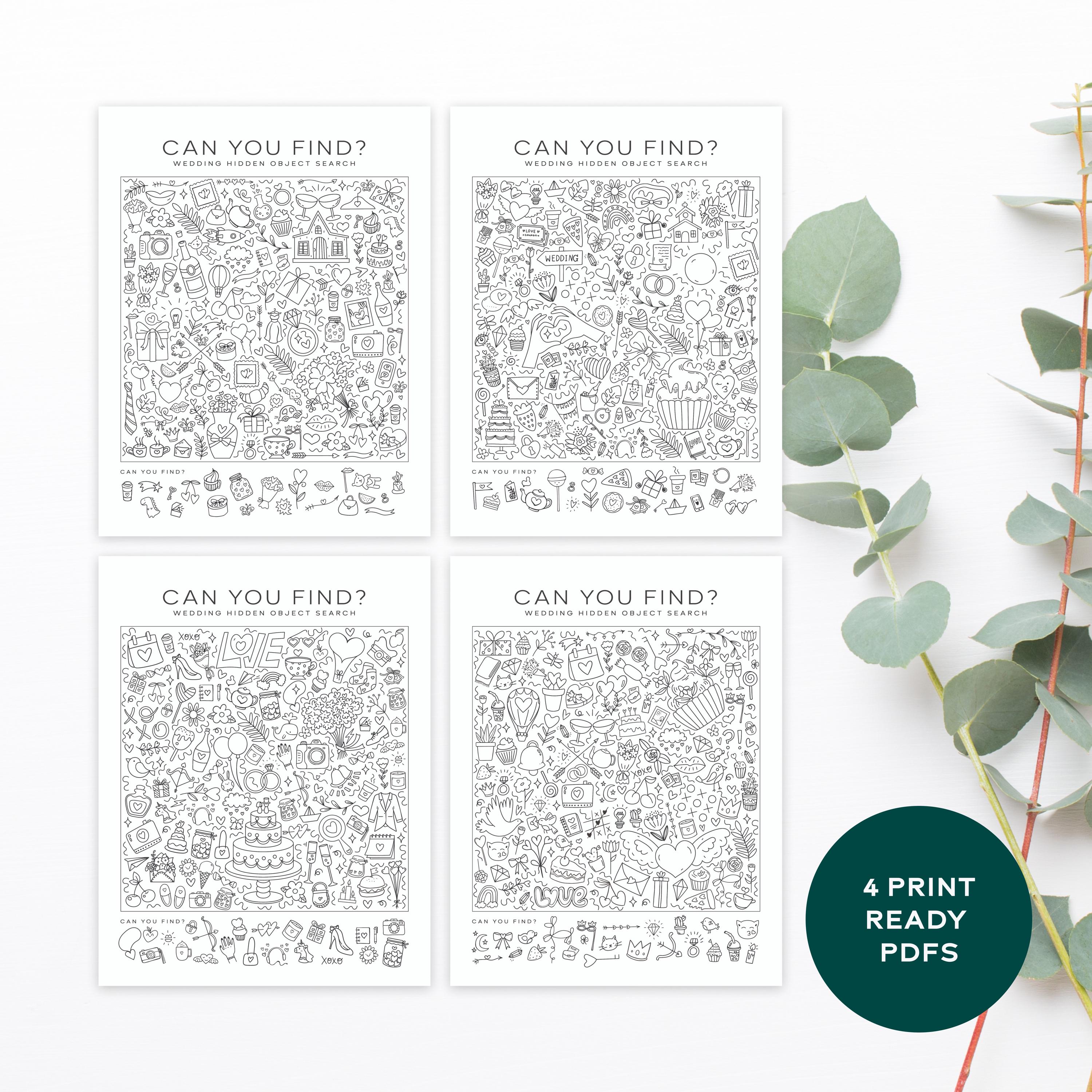 Set of Four Hidden Objects Wedding Game, Wedding Reception Games ...