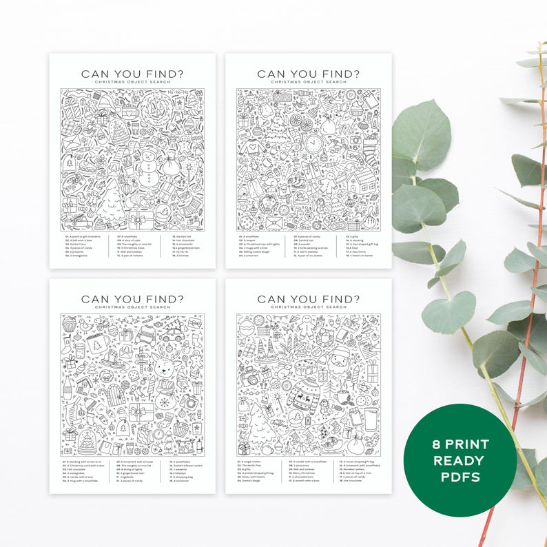 Set of Eight Hidden Objects Christmas Game, Christmas Party Games ...